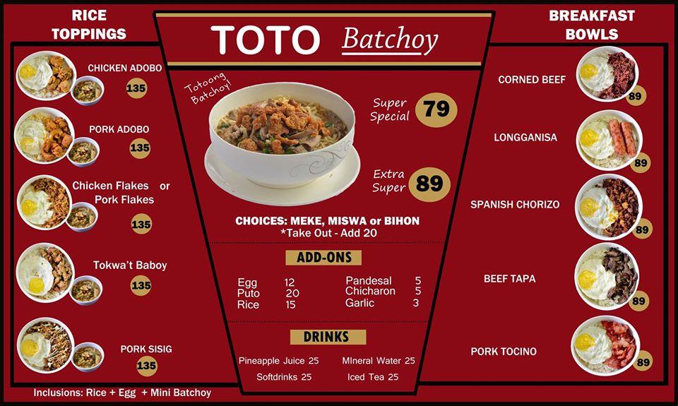 Menu at TOTO Batchoy restaurant, Iloilo City