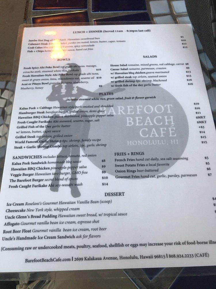 Menu at Barefoot Beach Cafe @ Queen's Surf Beach, Honolulu, Kalākaua Ave