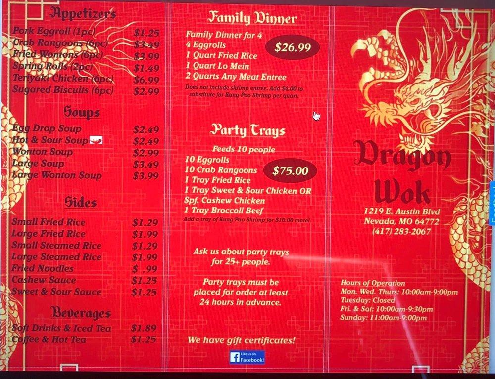 Menu at Dragon wok restaurant, Nevada