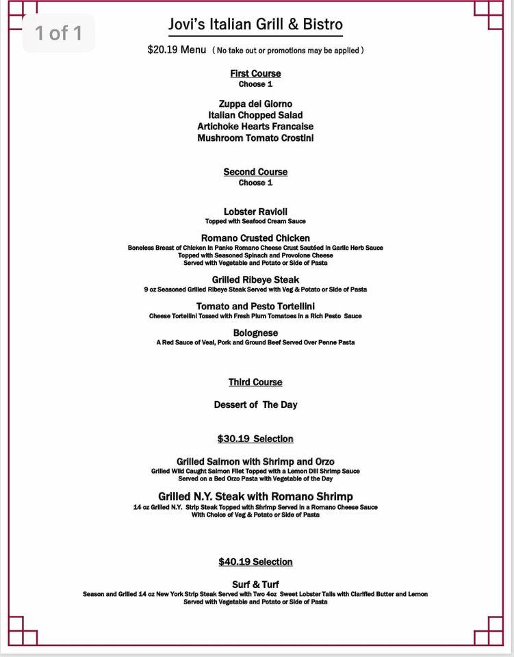 Menu at Jovi's restaurant, Buffalo