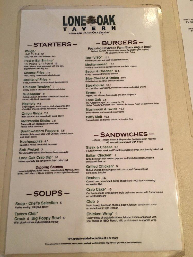 Carta del restaurante Lone Oak Tavern, Boyce