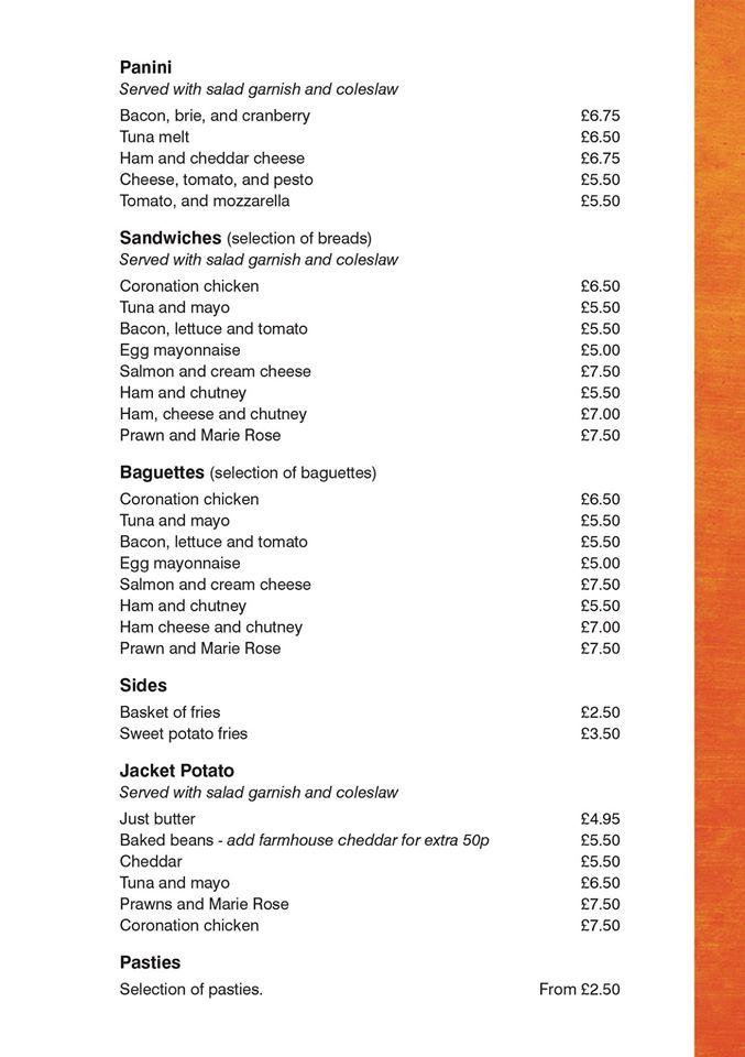 Menu at Sandbanks Cafe, Fremington