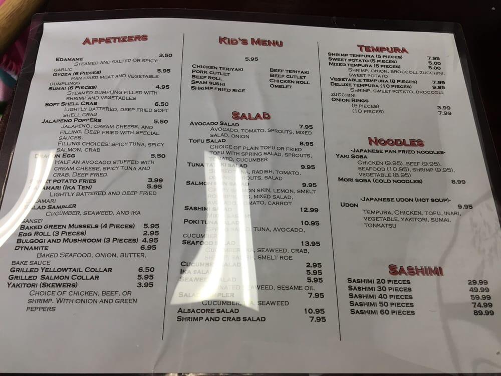 Menu at Sugoi Sushi restaurant, Beaumont