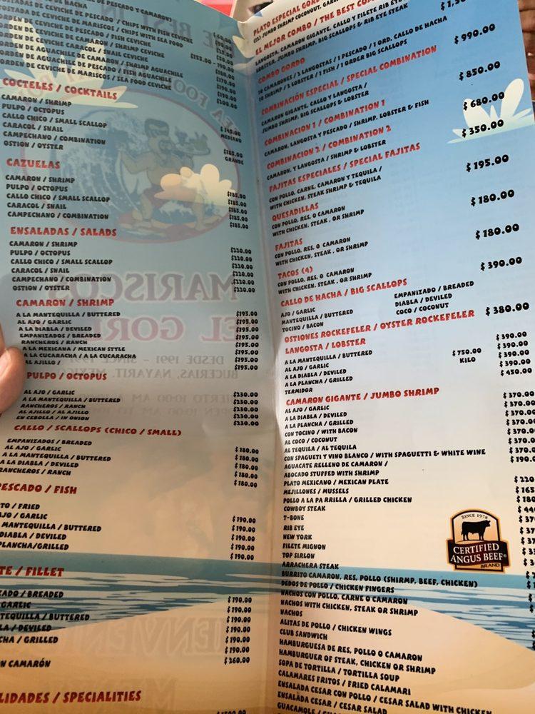 Menu at The Fat Boy Seafood restaurant, Bucerías