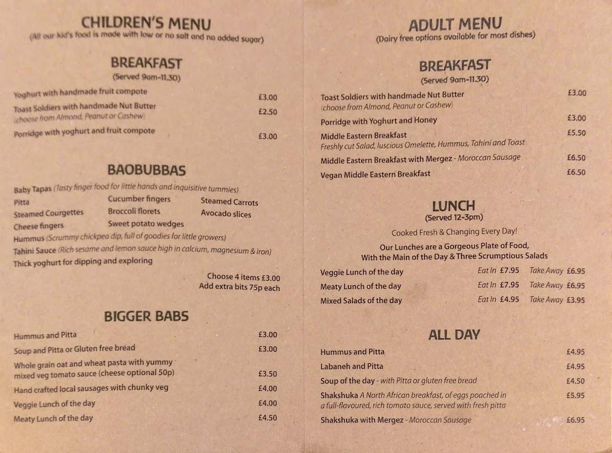 Menu at Baobab Cafe, Crediton