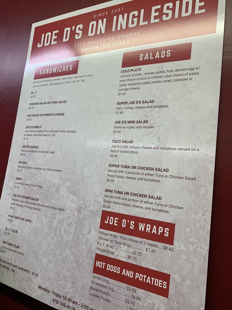 Menu at Joe D's On Ingleside restaurant, Macon