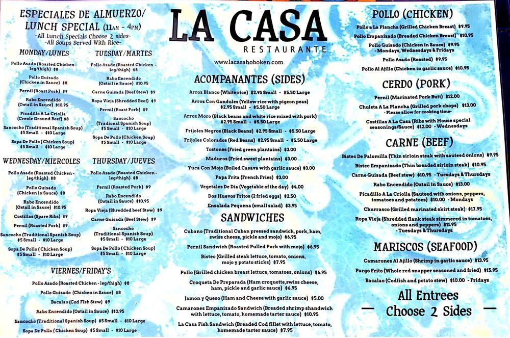 Carta del restaurante La Casa, Hoboken