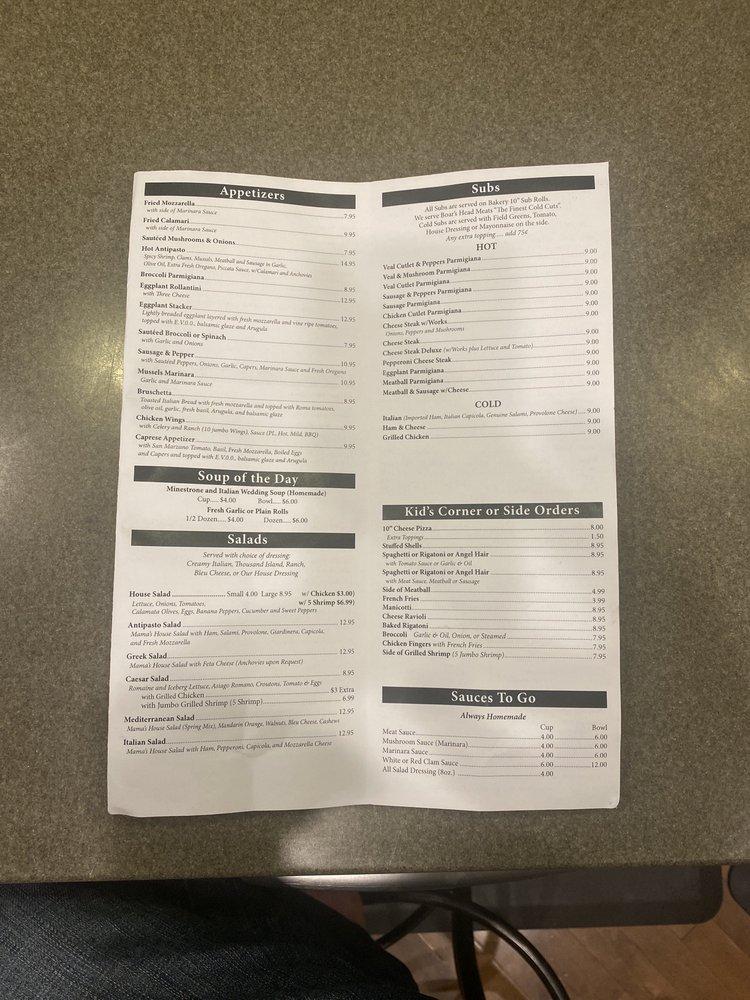 Menu at Mama Di Roma pizzeria, Fairmont
