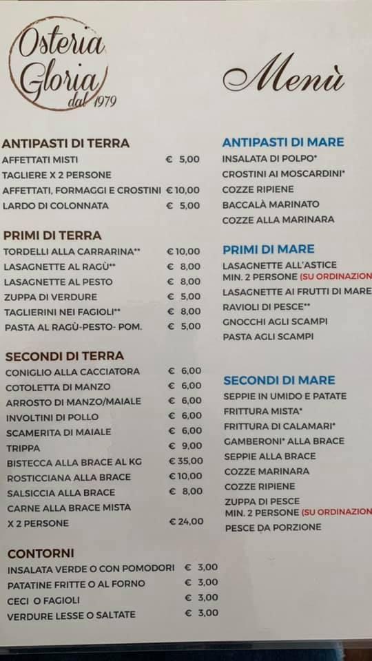 Menu at Osteria Gloria restaurant, Carrara