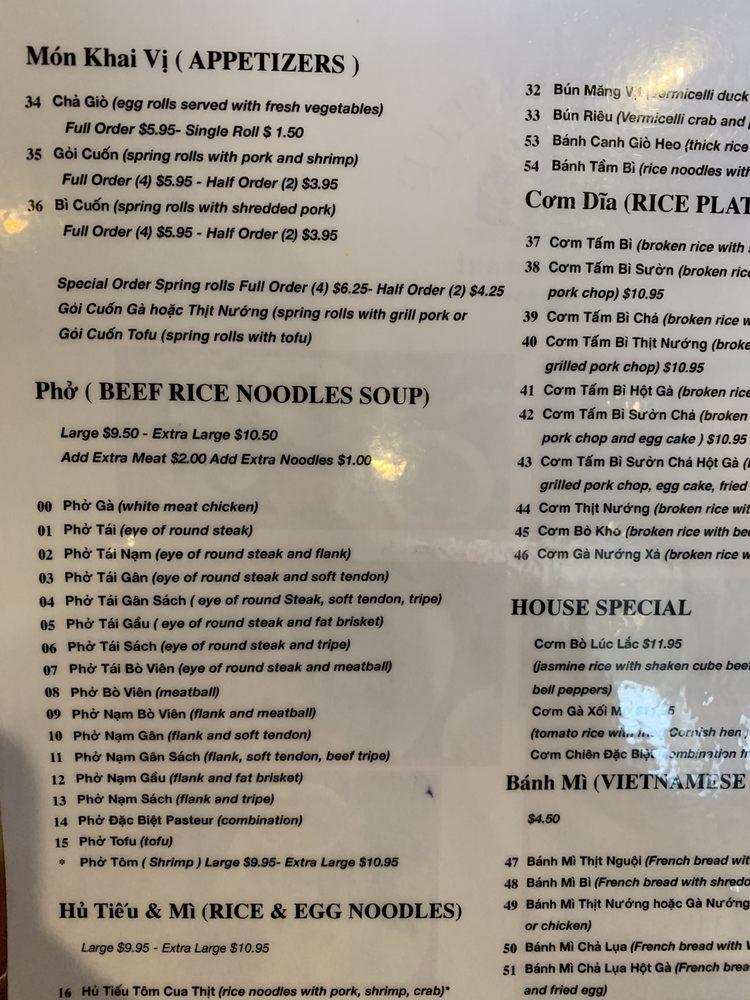 Menu at Pho Pasteur II restaurant, Carrollton