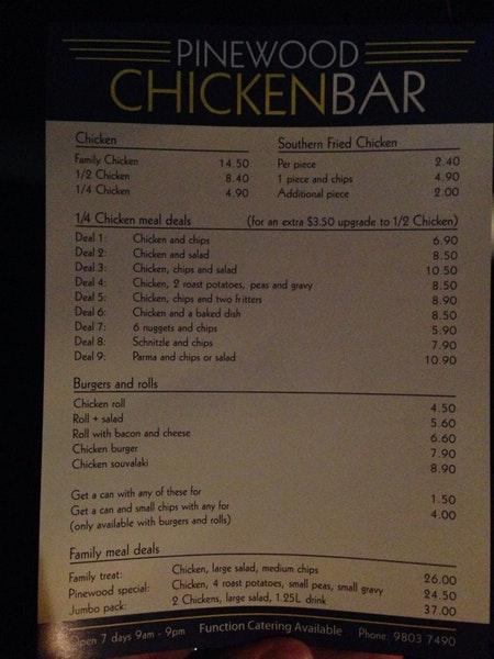 Menu at Pinewood Chicken Bar, Mount Waverley