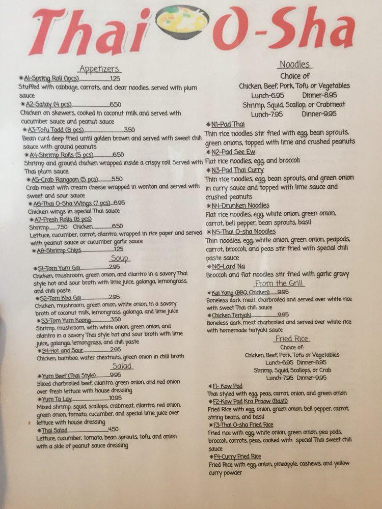 Menu at Thai O-Sha restaurant, Westland