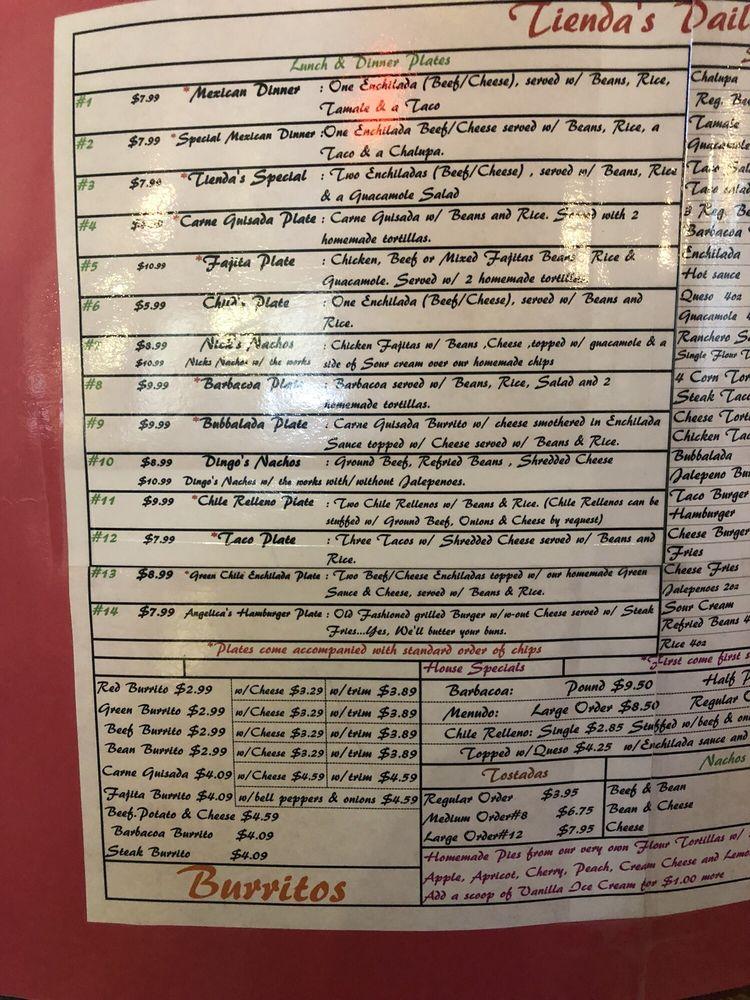 Menu at Tienda's Tortilla Factory restaurant, Levelland