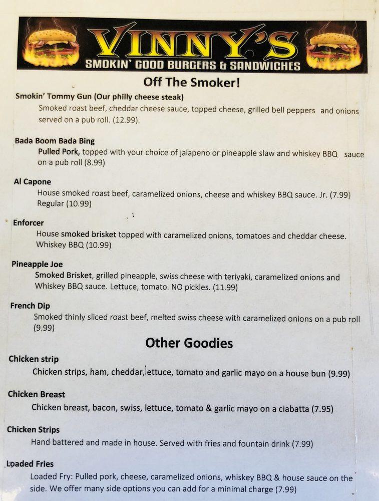 Menu at Vinny's Smokin' Good Burgers & Sandwiches restaurant, North Bend
