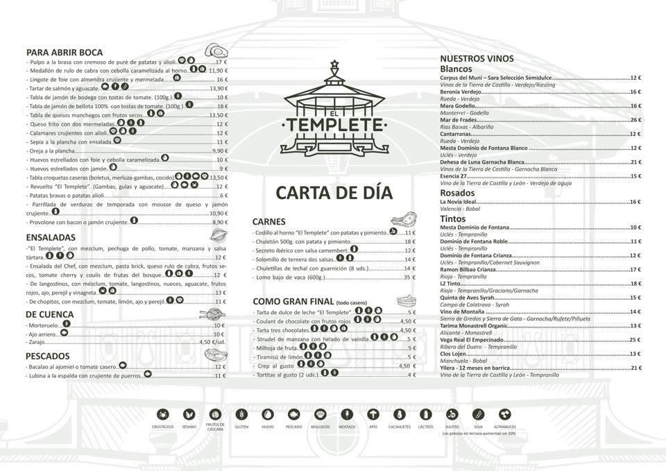Carta del restaurante El Templete, Cuenca