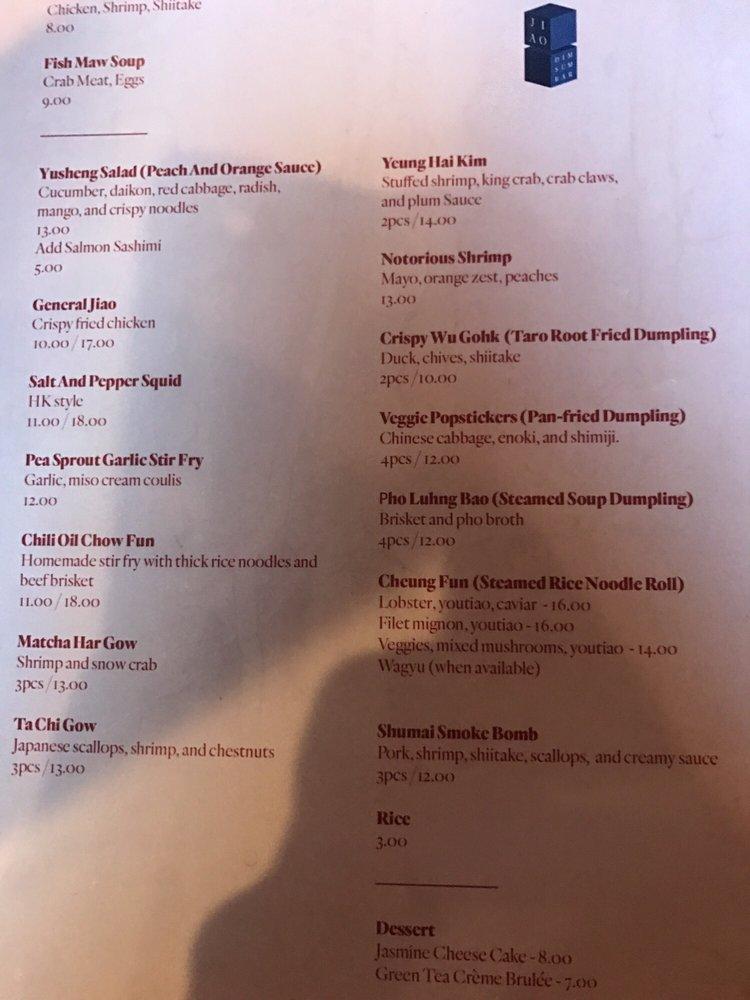 Menu at JIAO DIM SUM BAR, Montréal
