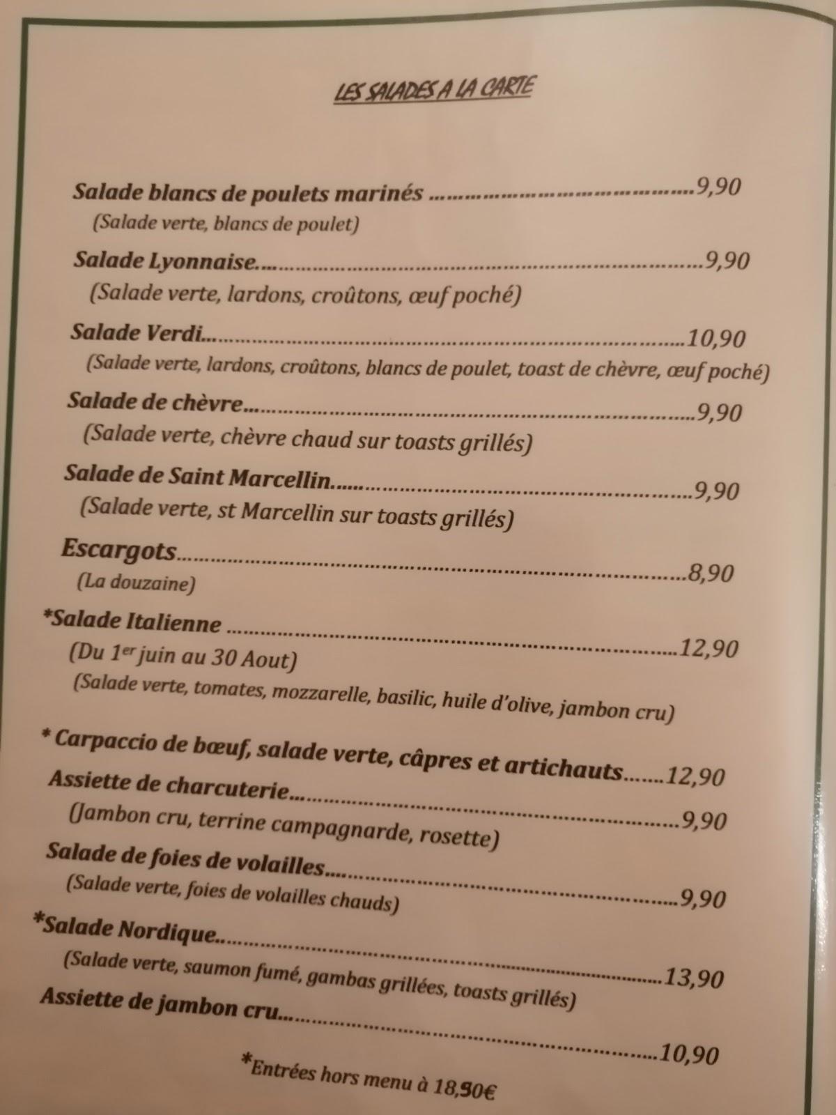 Menu au Le Verdi pizzeria, Trept