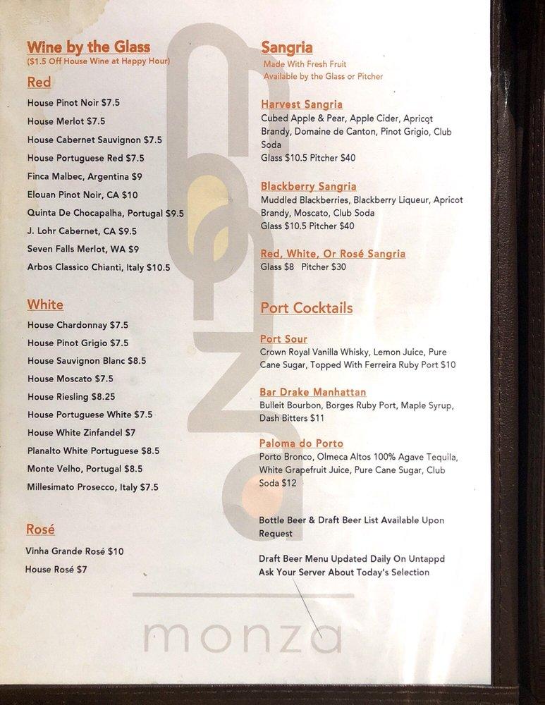 Menu at Monza pub & bar, Manassas, Battle St