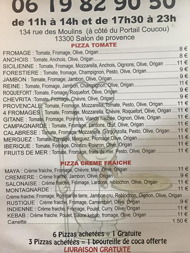 Menu at Pizza David pizzeria, Salon-de-Provence