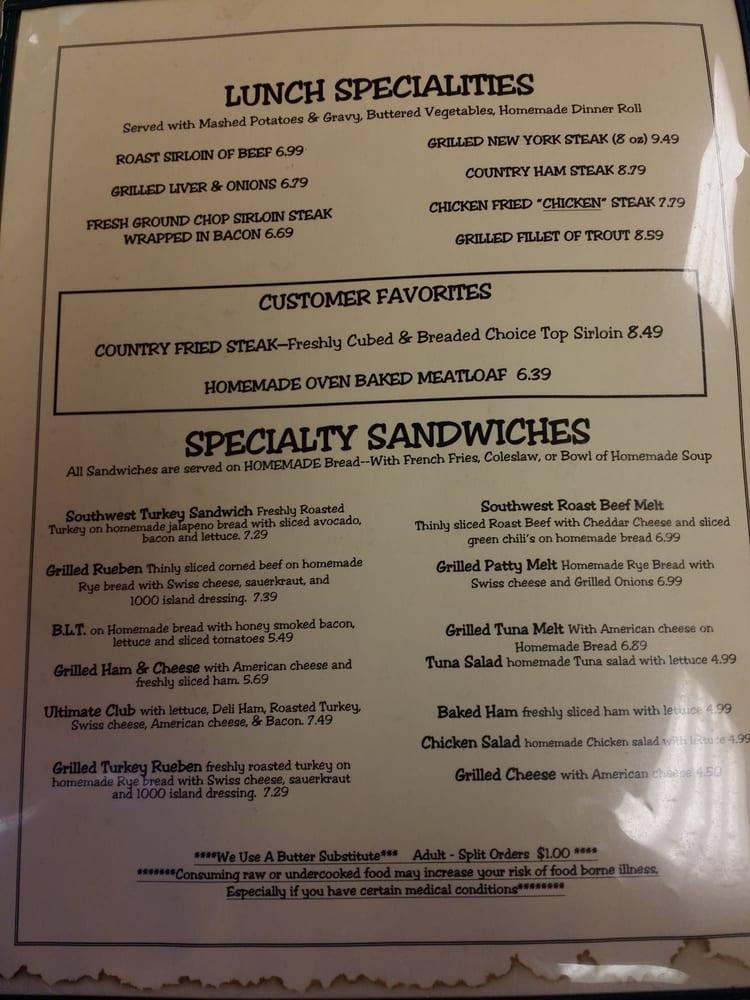 Menu at Robert's Restaurant, Tucson