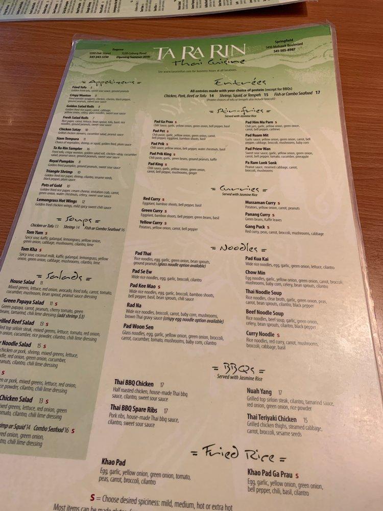 Menu at Ta Ra Rin Thai Cuisine (Springfield) restaurant, Springfield ...