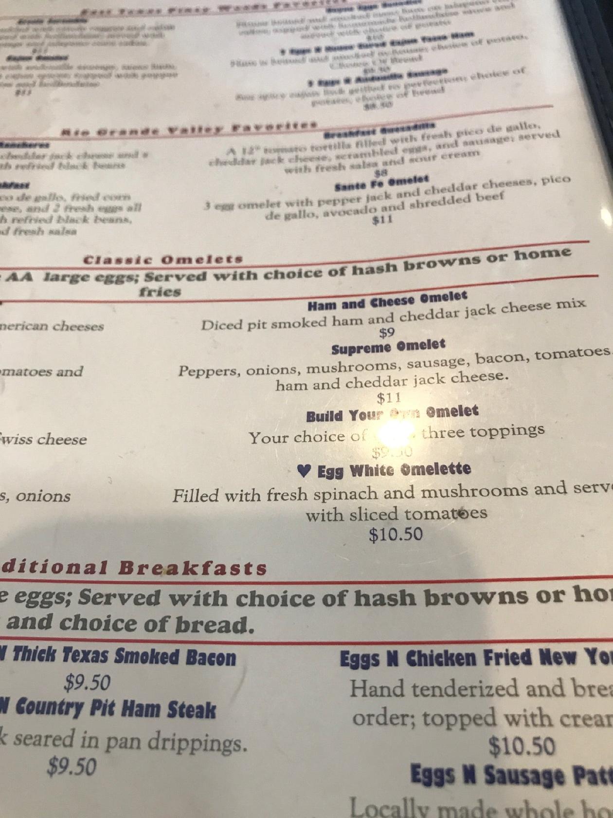 Menu at Texan Diner restaurant, Fort Worth