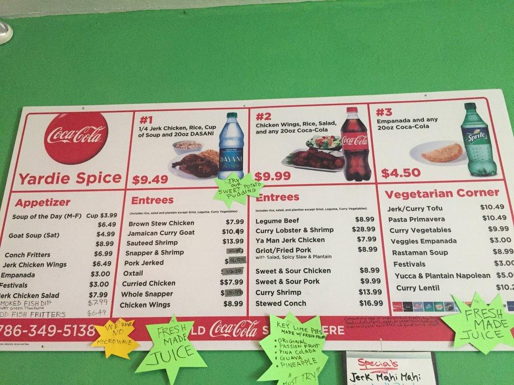 Menu at Yardie Spice restaurant, Homestead