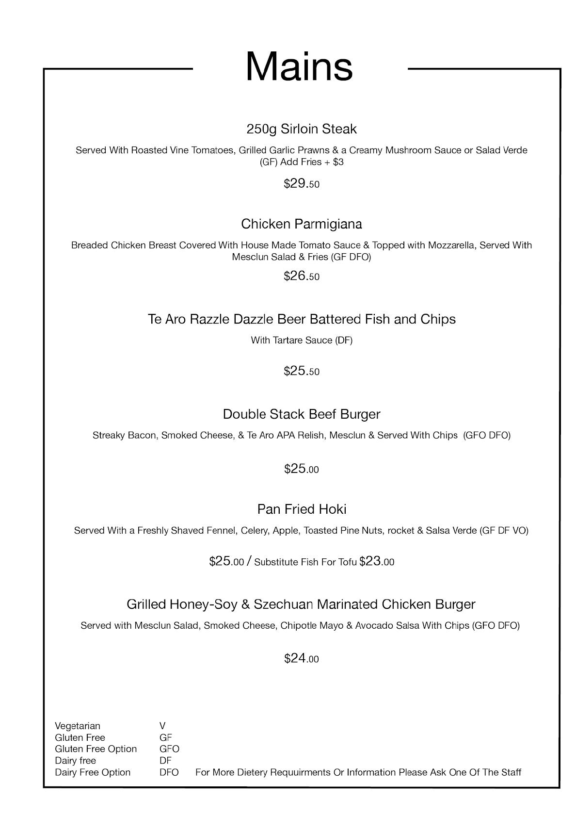 Menu at Aro Bar, Upper Hutt