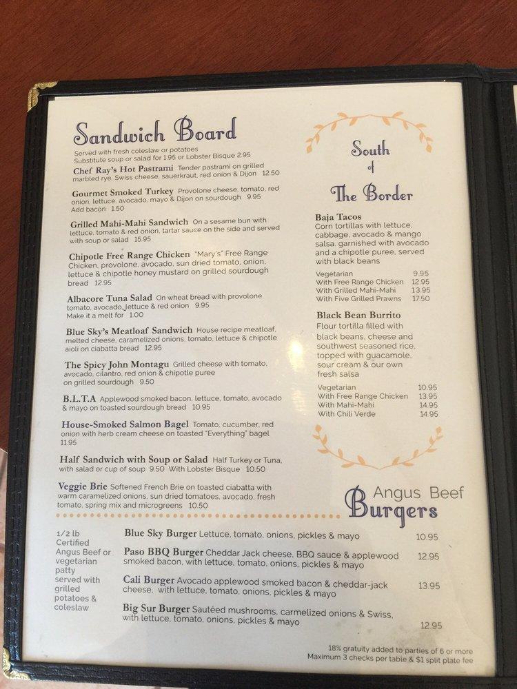 Menu at Blue Sky Bistro restaurant, Morro Bay