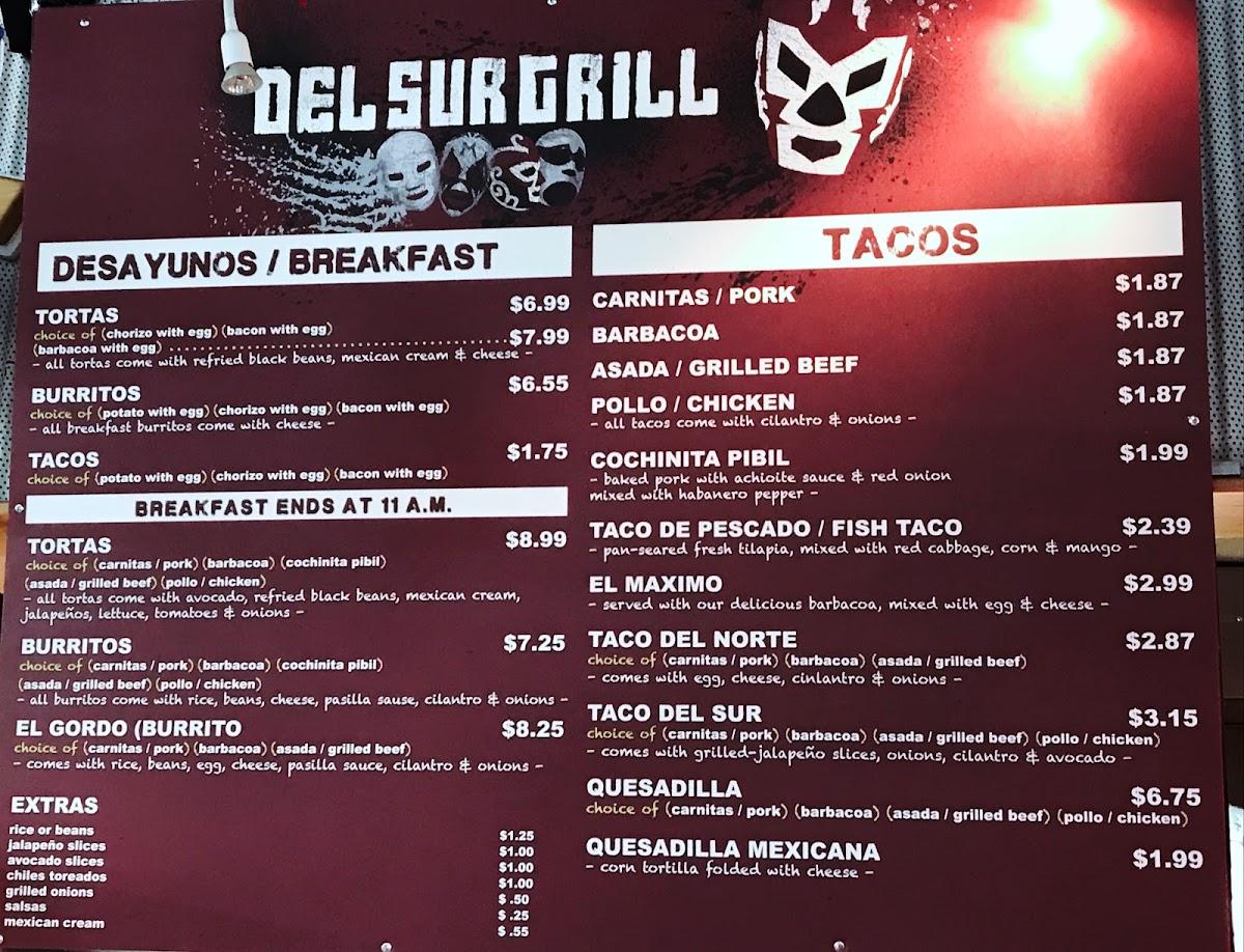 Menu at Del Sur Mexican Grill restaurant, McKinney