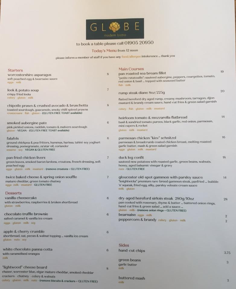 Menu at Globe Modern Bistro restaurant, Worcester