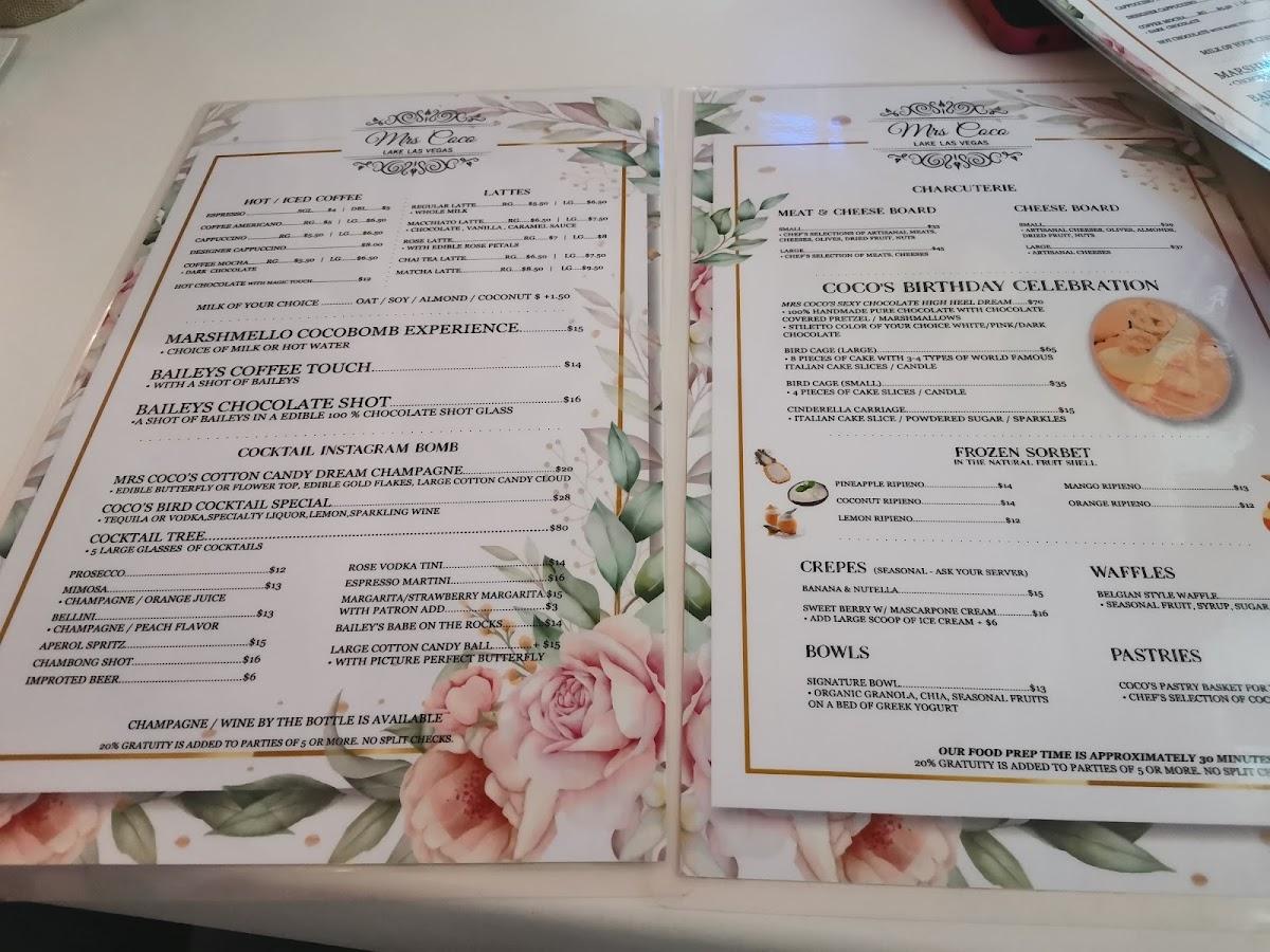 Menu at Mrs Coco cafe, Henderson