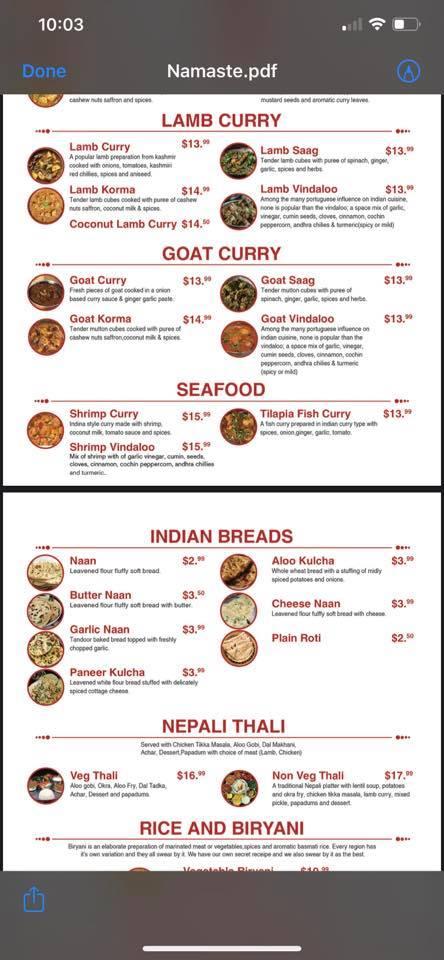 Menu at Namaste Indian Nepali Kitchen restaurant, Montpelier