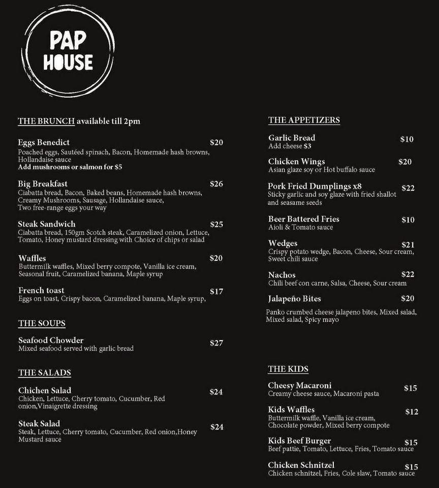 Menu at Pap House Restaurant & Bar Papamoa, Papamoa