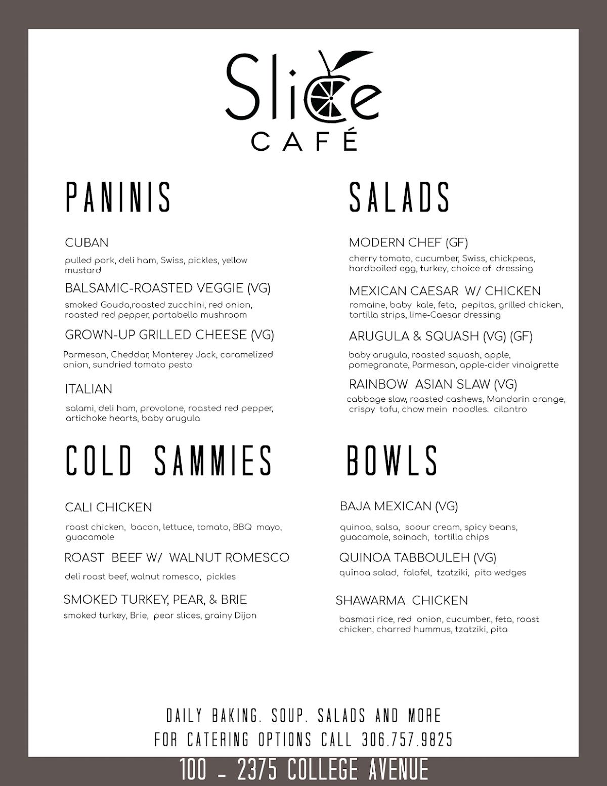 Menu at Slice Cafe, Regina