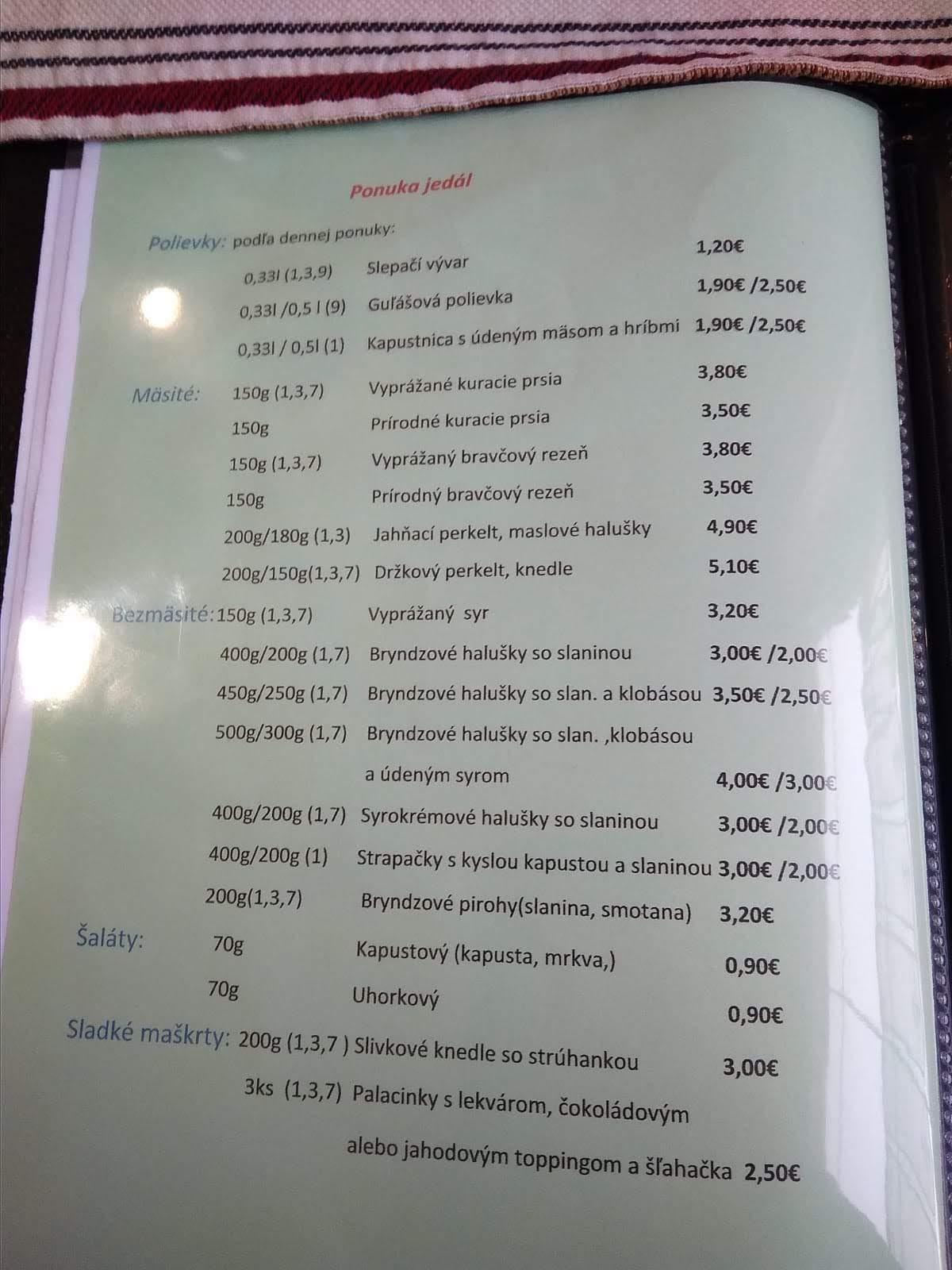 Menu at Soós Farm Reštaurácia restaurant, Slovakia