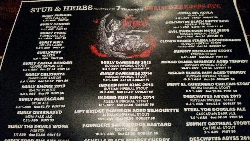 Menu at Stub and Herbs pub & bar, Minneapolis