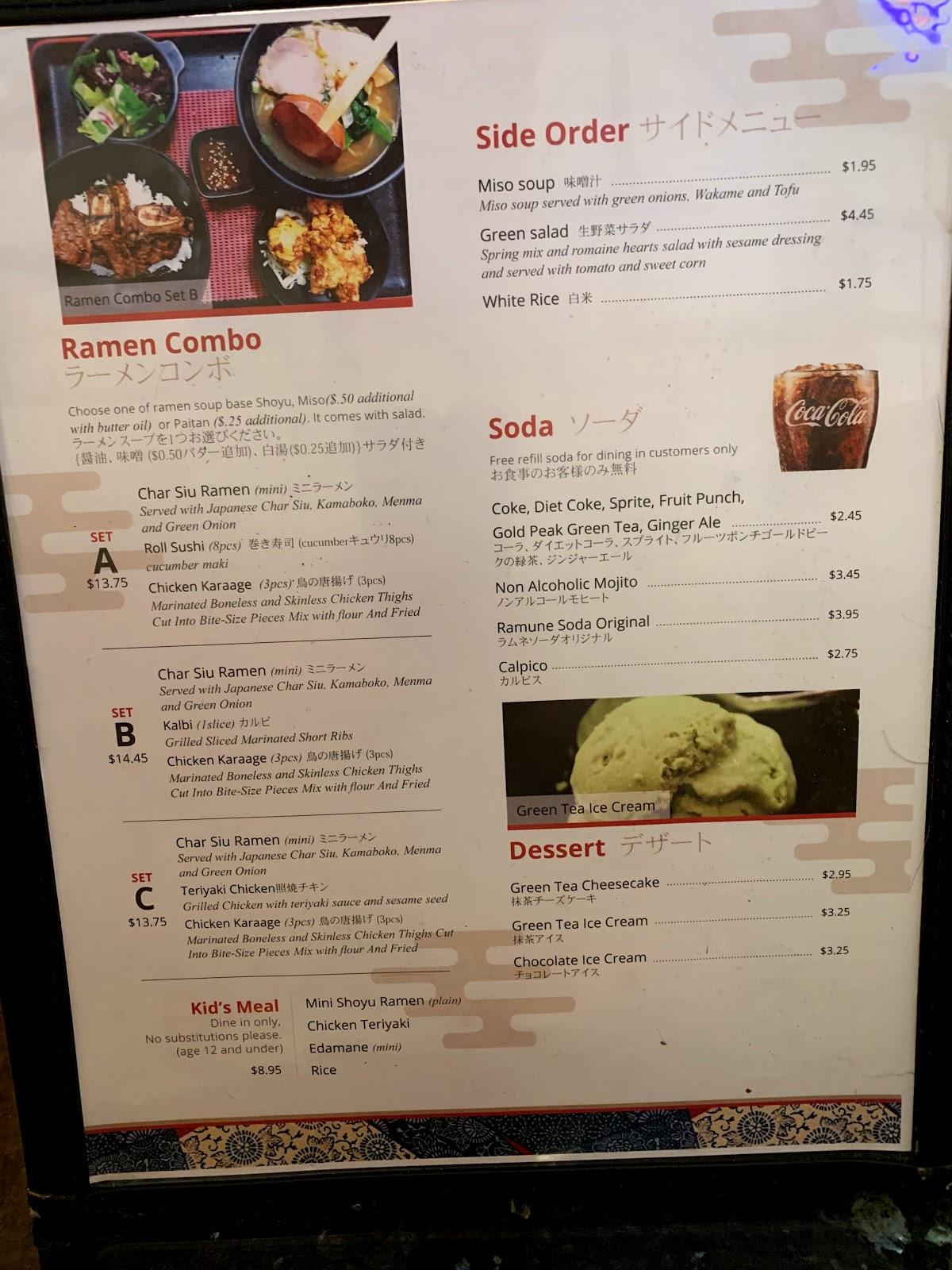 Menu at Teishoku Restaurant, Honolulu