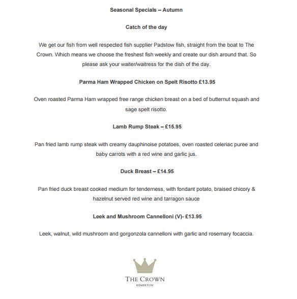 Menu at The Crown Inn restaurant, Tewkesbury, High St