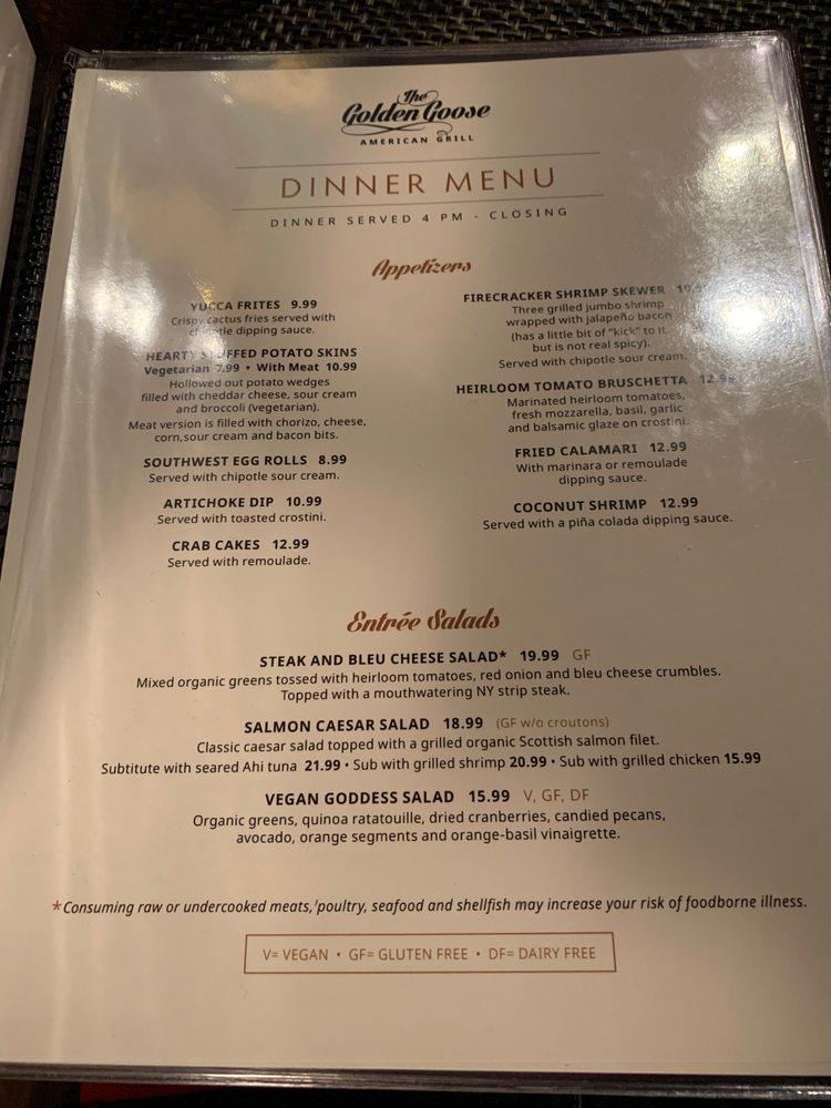 Menu at The Golden Goose American Grill steakhouse, Sedona