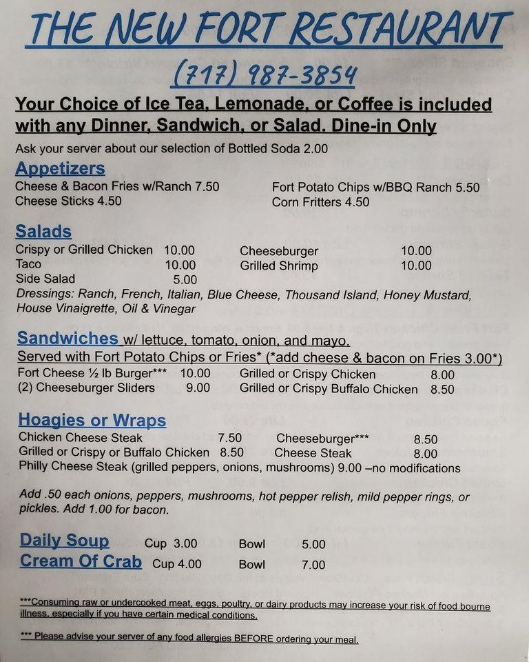 Menu at The New Fort Restaurant, Burnt Cabins