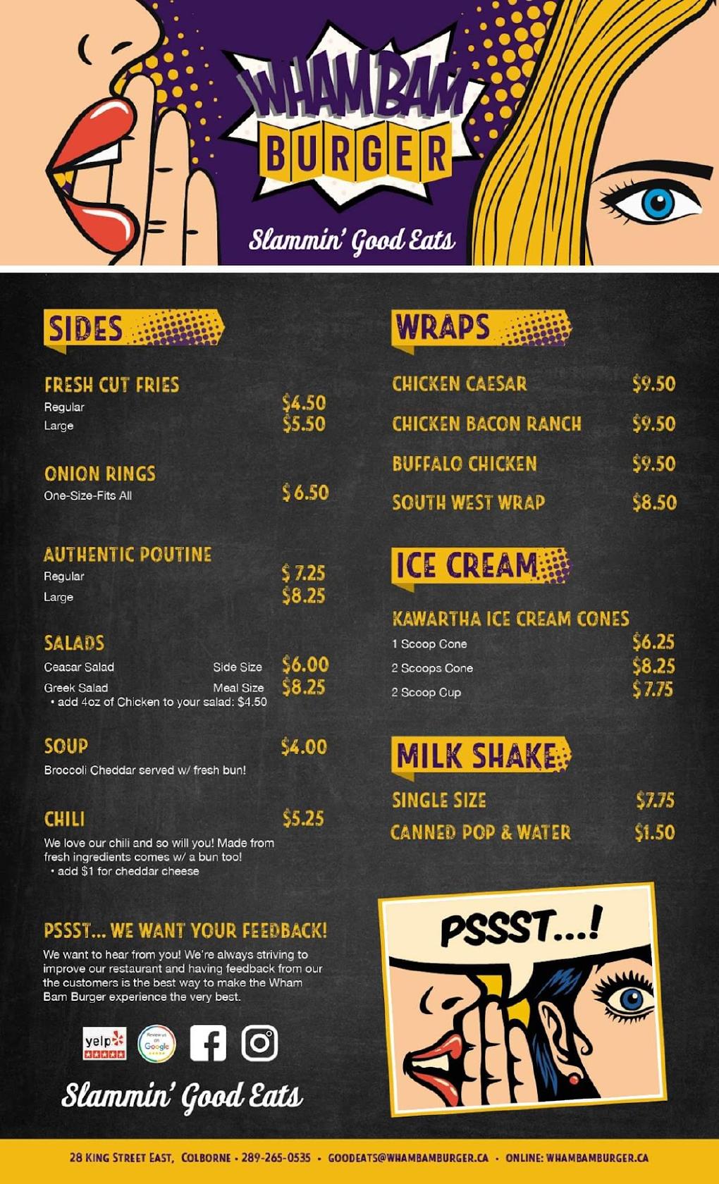 Menu at Wham Bam Burger restaurant, Colborne