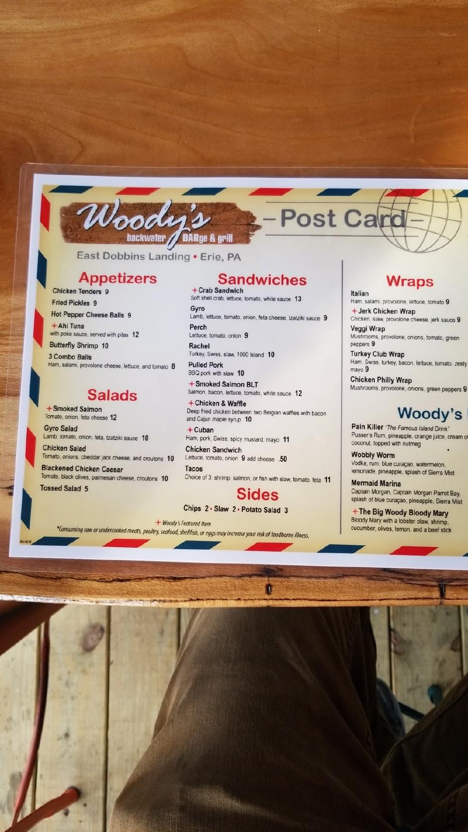 Menu at Woody's Backwater BARge & Grill, Erie