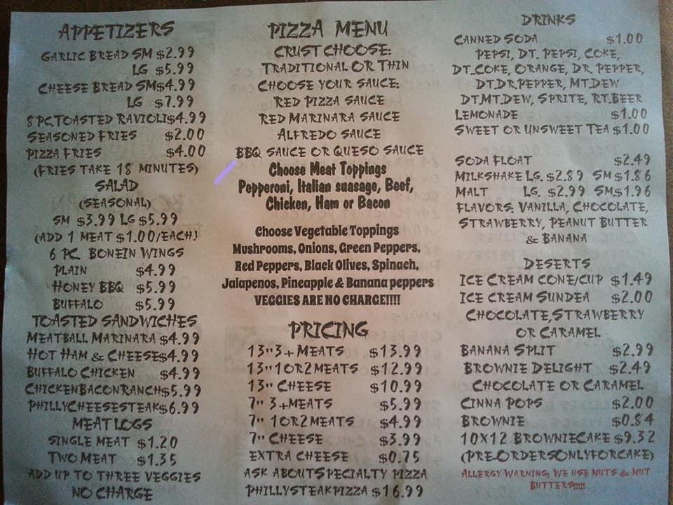 Menu at Boardman Pizzaria and Rentals restaurant, Gravois Mills
