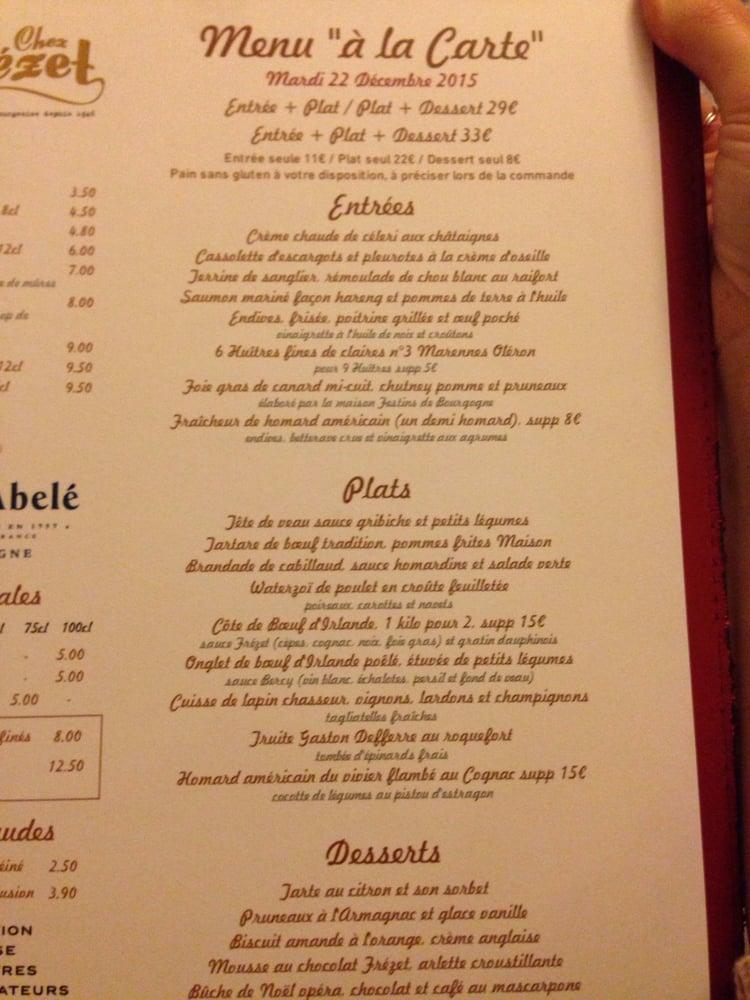 Menu at Chez Frezet restaurant, Paris