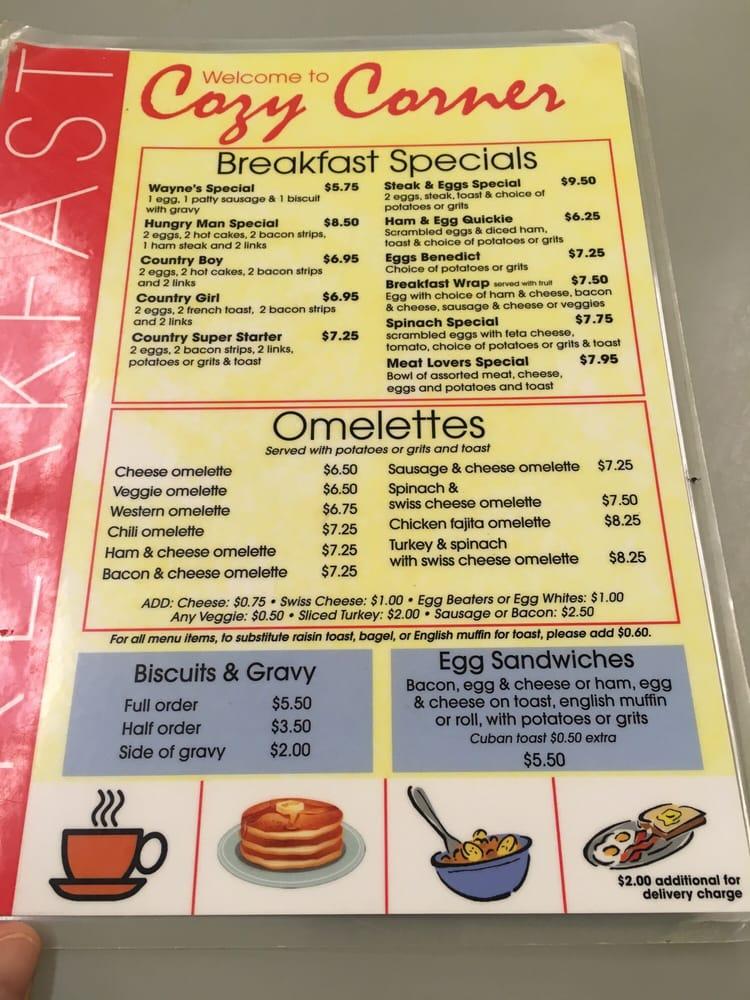 Menu at Cozy Corner restaurant, Miami Springs, 90 Westward Dr