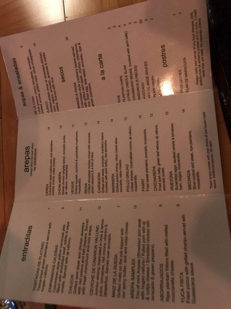 Menu at Maïs Arepas pub & bar, New Orleans