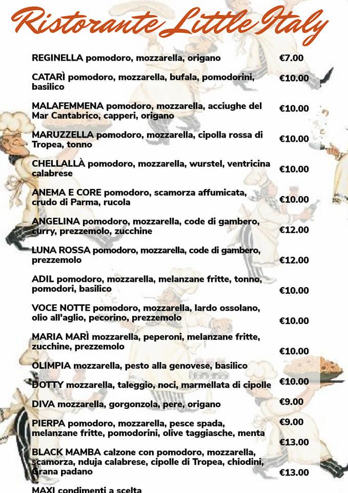 Menu at Little Italy restaurant, Verbania