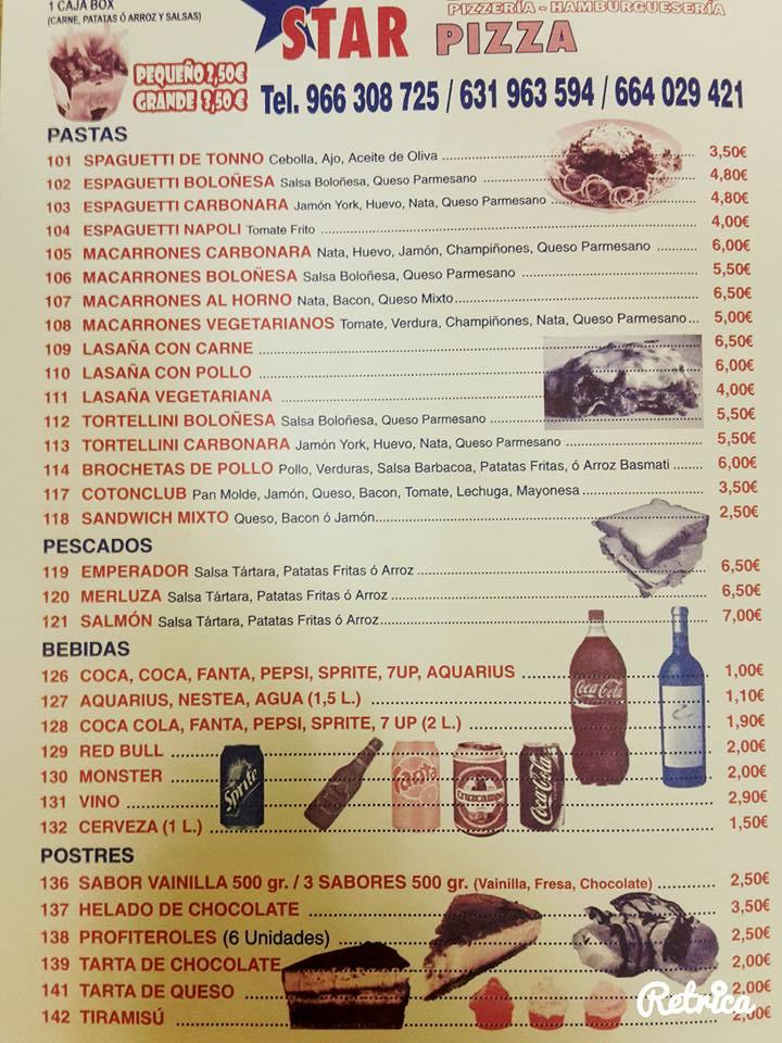 Menu at Star pizza pizzeria, Alicante