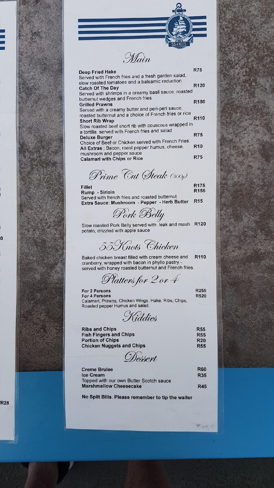 Menu at Prêt at 55 Knots restaurant, Struis Bay